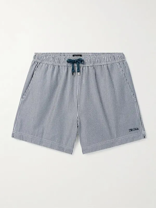 Zegna Straight-leg Mid-length Striped Seersucker Shorts - Blue