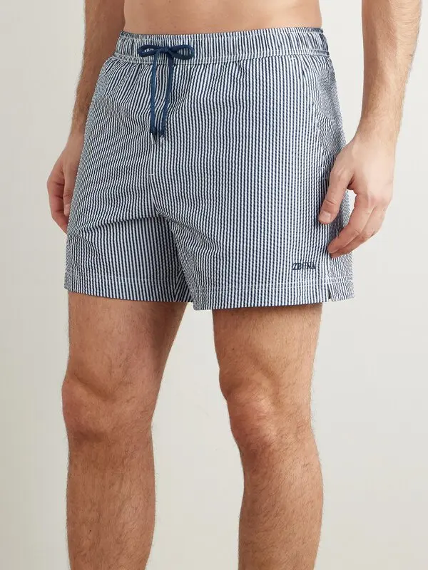 Zegna Straight-leg Mid-length Striped Seersucker Shorts - Blue