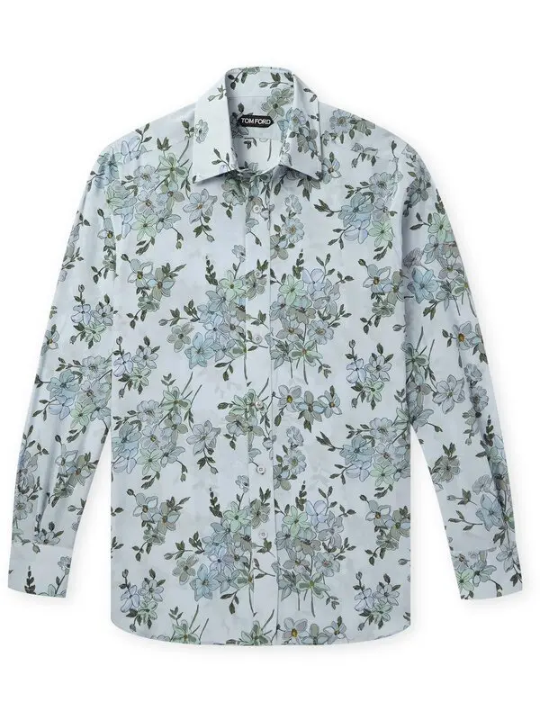 TOM FORD Slim-fit Floral-print Silk-crepe Shirt - Blue