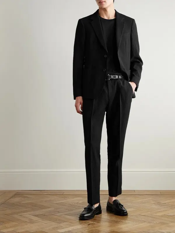 Mr P. Daniel Tapered Pleated Wool-blend Seersucker Suit Trousers - Black