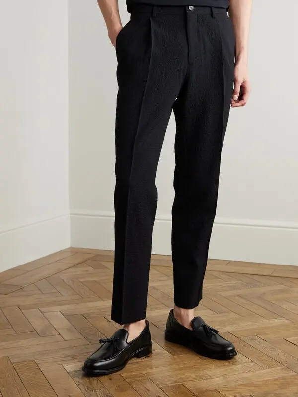 Mr P. Daniel Tapered Pleated Wool-blend Seersucker Suit Trousers - Black