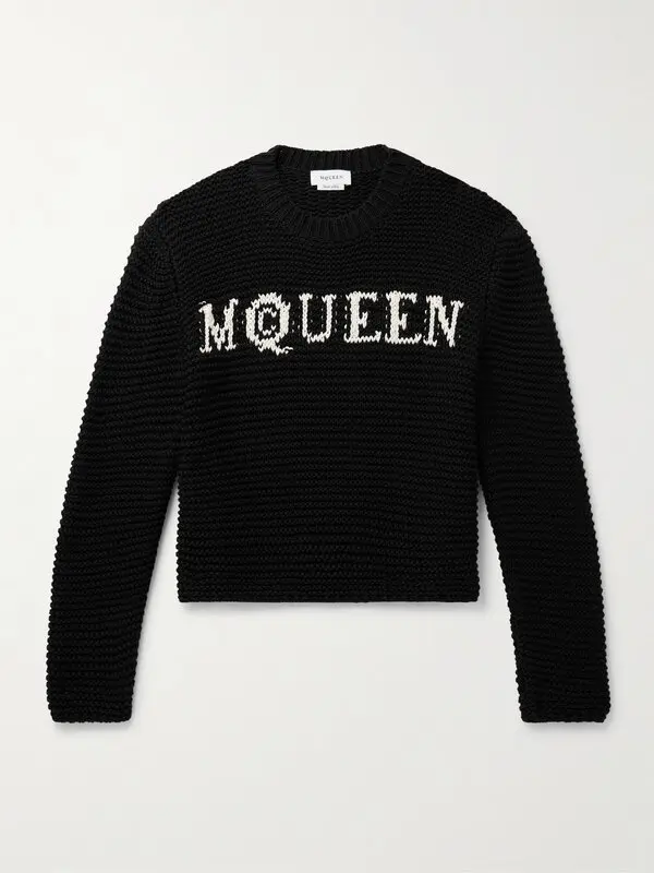 Alexander McQueen Cropped Ribbed Logo-jacquard Cotton Sweater - Black