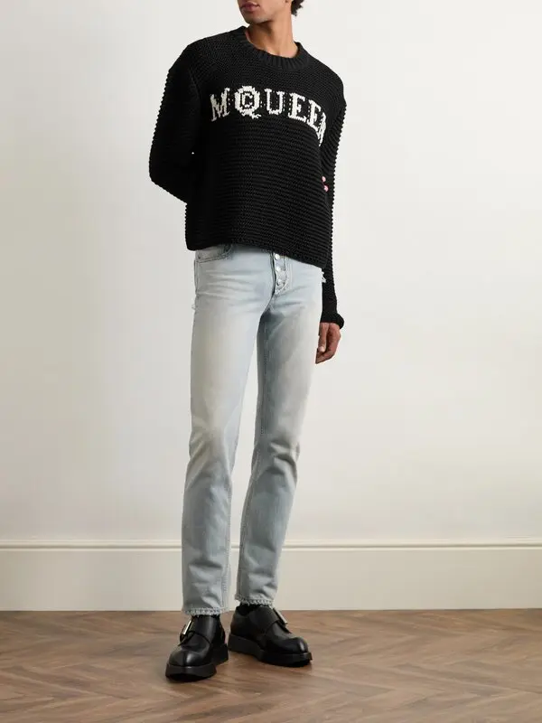 Alexander McQueen Cropped Ribbed Logo-jacquard Cotton Sweater - Black