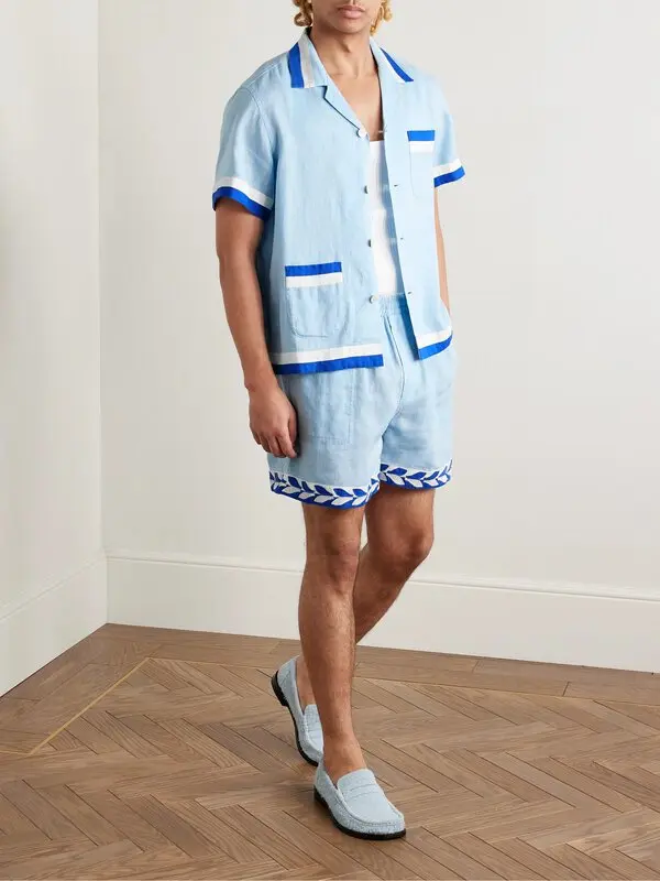 BODE Seedling Stripe Camp-collar Appliquéd Linen Shirt