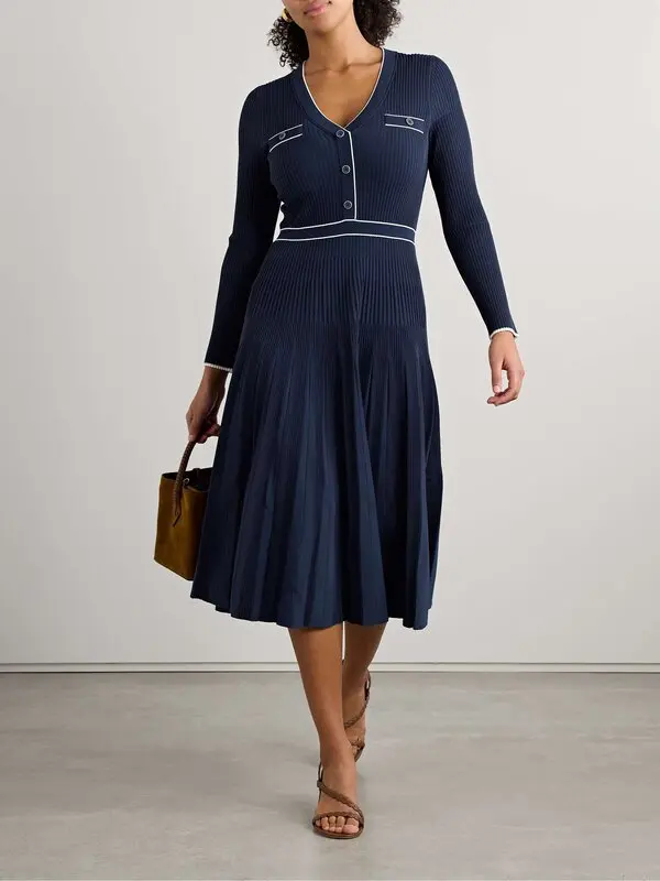 eloise striped rib-knit pleated midi dress Eloise Stripe Pleated Rib Sweater Dress (Women)