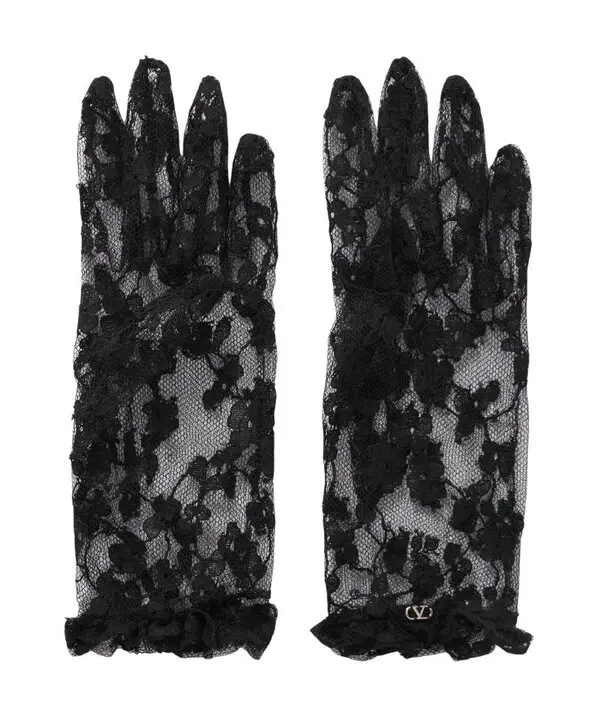 Valentino Garavani Ruffled Corded Lace Gloves - Black