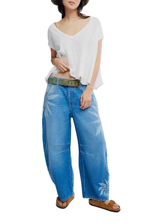 Free People Floral Print Barrel Jeans - Sun Fade Laser - Fad