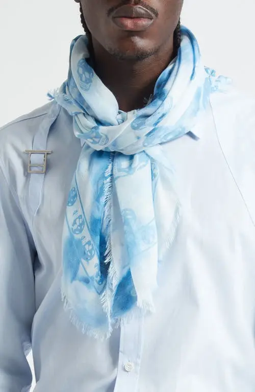 Alexander McQueen Classic Skull Bleached Foulard Scarf - Ivory/ Blue