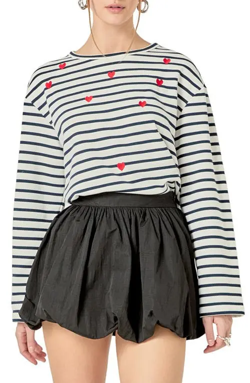 English Factory Heart Embroidered Stripe Cotton Top