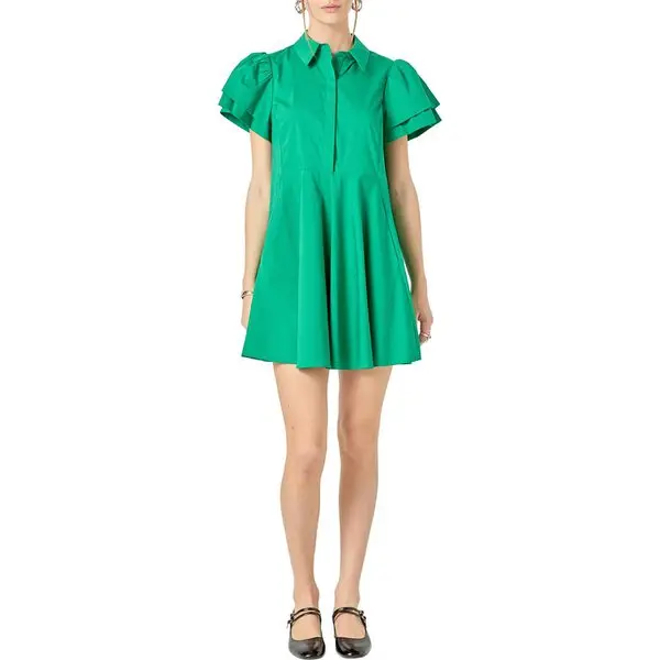 English Factory Ruffle Sleeve Mini Shirtdress - Green