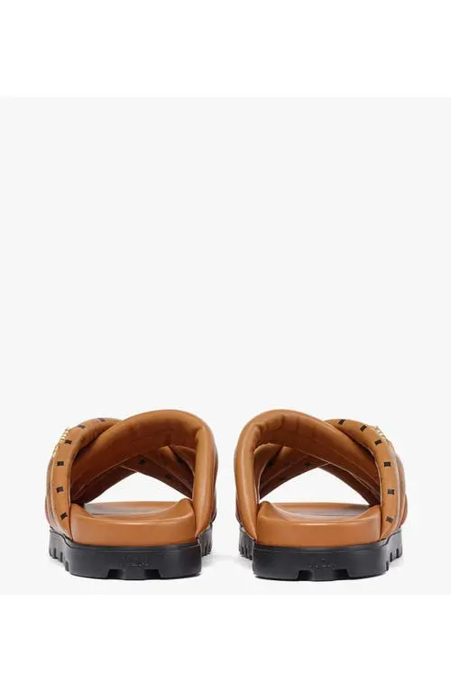 Mcm Monogram Lamb Leather Cross Slides