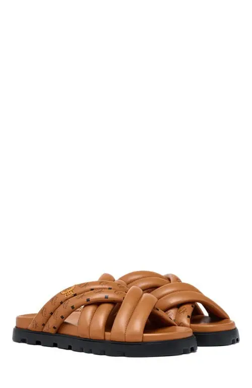 Mcm Monogram Print Cross Slides - Cognac