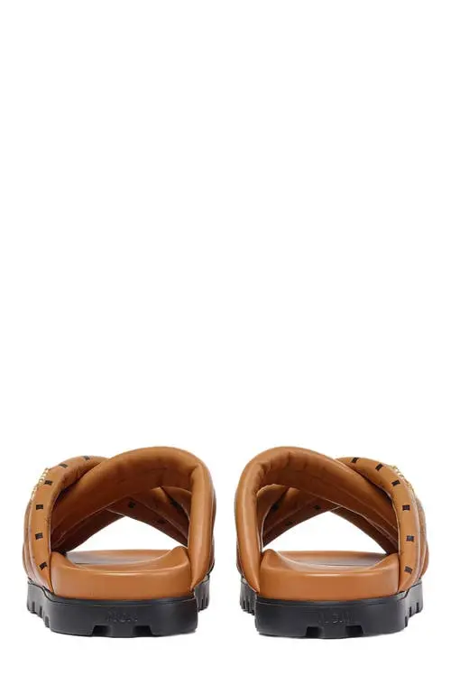 Mcm Monogram Print Cross Slides - Cognac