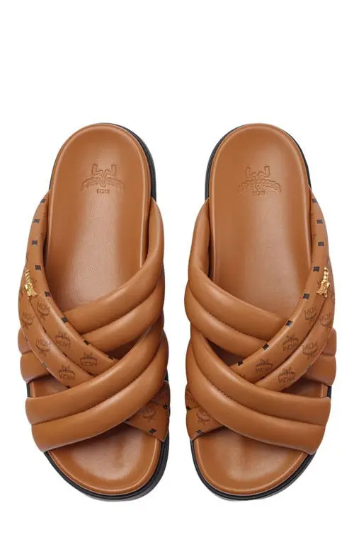 Mcm Monogram Print Cross Slides - Cognac