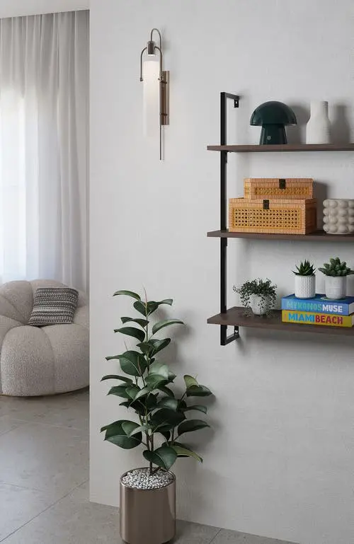 HAPPIMESS Madera Classic Industrial Shelf Wood Wall-mounted Open Ladder Bookcase With Metal Frame