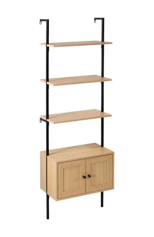 HAPPIMESS Tulare 72.05" Midcentury Industrial 4-shelf Wood Wall-mounted Open Ladder Bookcase With Cabinet And Metal Frame - Light Oak/black