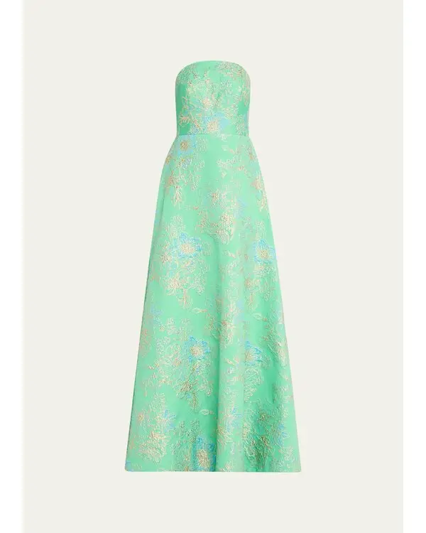 Rickie Freeman For Teri Jon Strapless Floral Jacquard Gown - Green Pattern