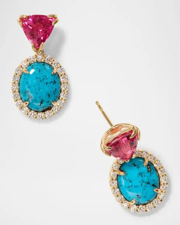 JAMIE TURNER 18k Yellow Gold Drop Earrings With Diamonds, Rubellite, And Turquoise - Rubellite & Turquoise