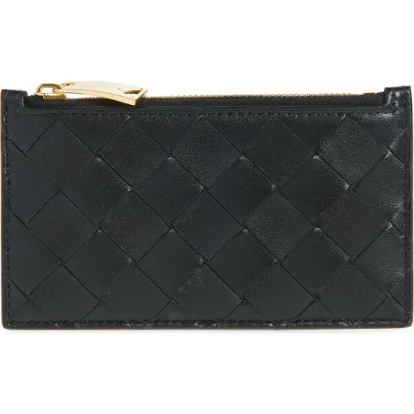 Bottega Veneta Intrecciato Leather Zip Card Case - 8425 Black-gold