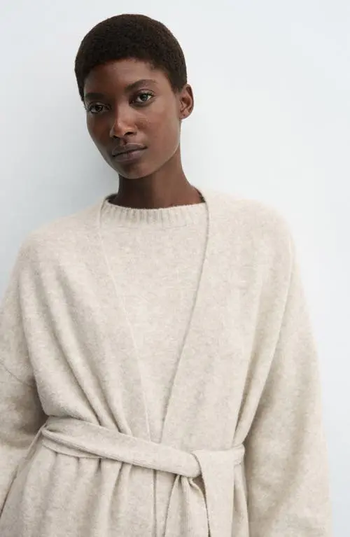 Mango Longline Tie Belt Cardigan - Light Beige
