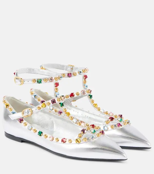 Valentino Garavani Rockstud Embellished Leather Ballet Flats - Silver