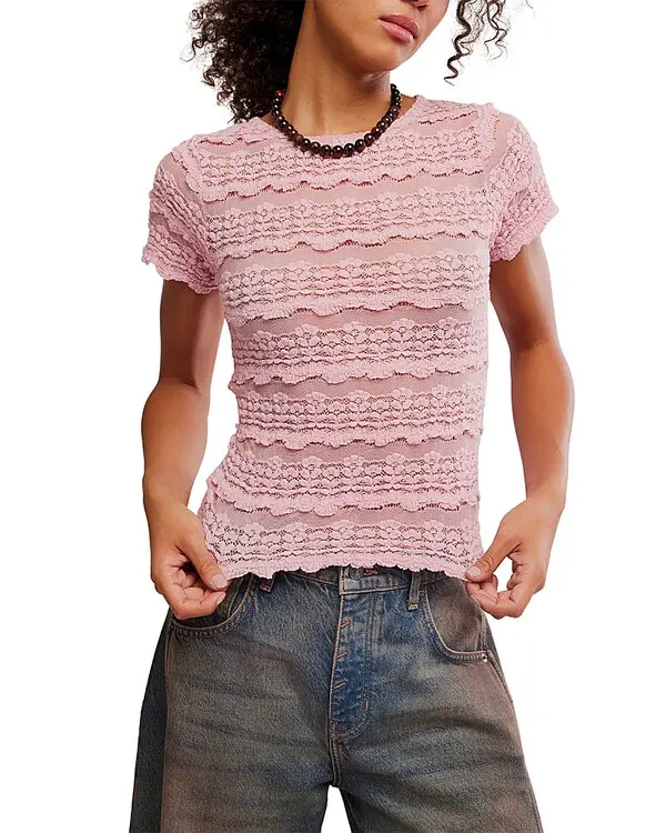 Free People Angelina Lace Tee - Blushing