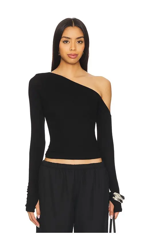 Michael Lauren Long Sleeve Asymmetrical Fitted Cold Shoulder Top - Black