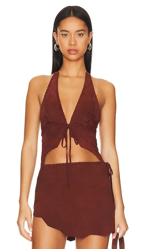 LOVERS AND FRIENDS Suede Halterneck Top With Braided Detail