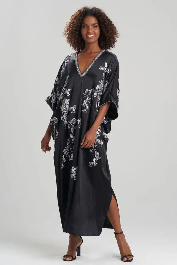 Natori Couture Silk Embroidered Caftan - Black