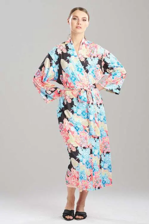 Natori Geisha Garden Knit Robe - Black / Floral / Multicolor
