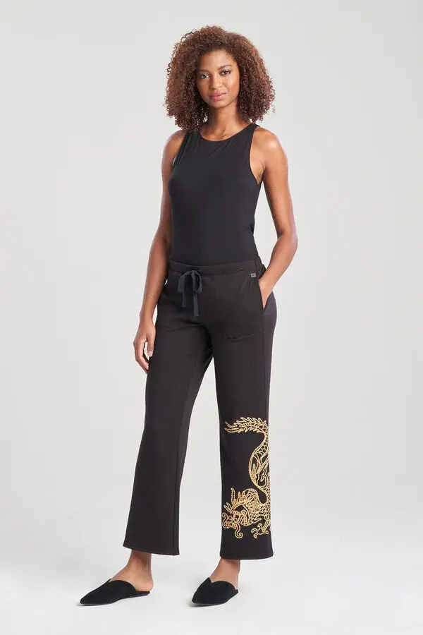 Natori Cocoon Embroidered Dragon Straight Leg Pants - Black