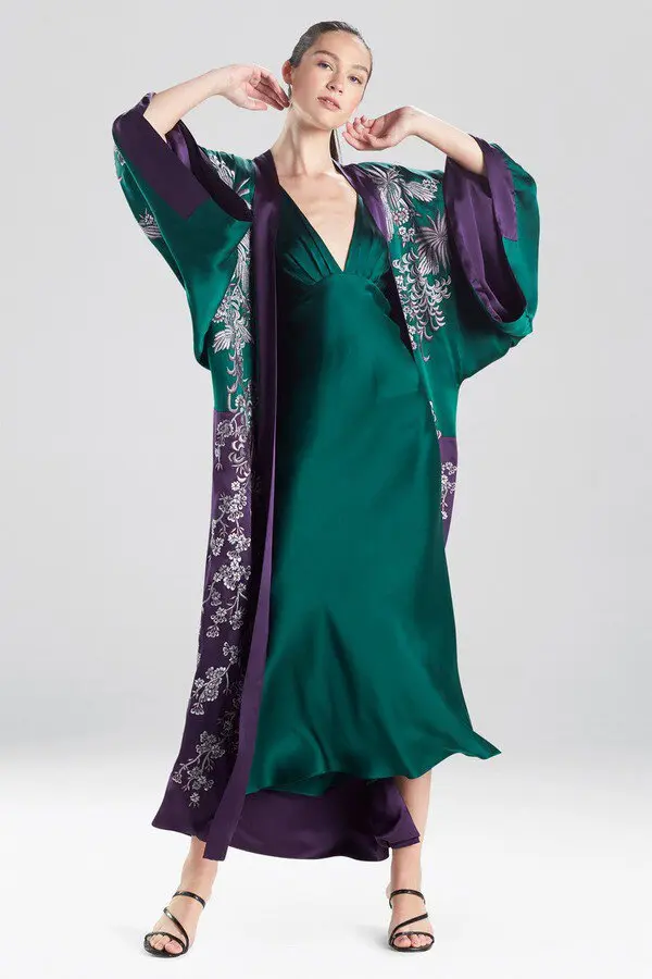 Natori Chinoiserie Embroidery Silk Robe - Green / Floral