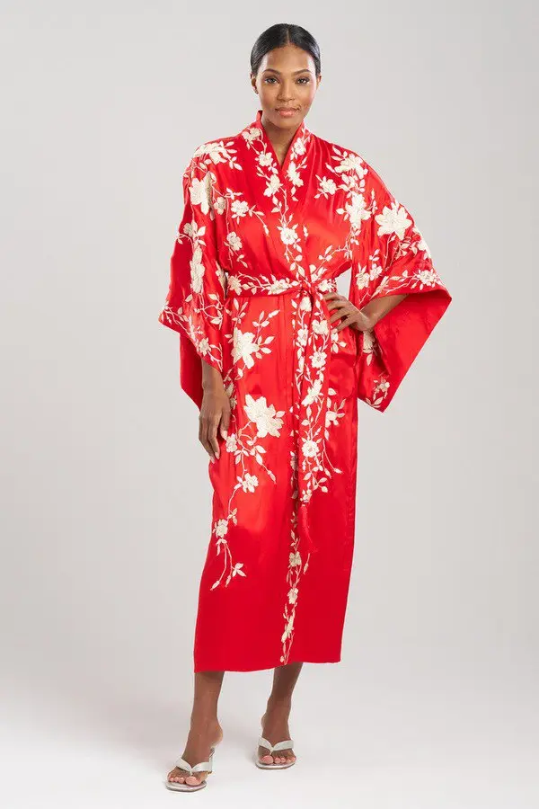 Natori Key Essentials Embroidered Kimono Tassel Silk Robe - Pink / Red