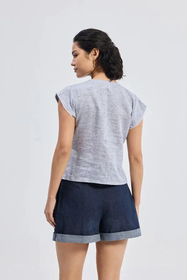 REISTOR Linen Deep V-neck Short Top - Stripe