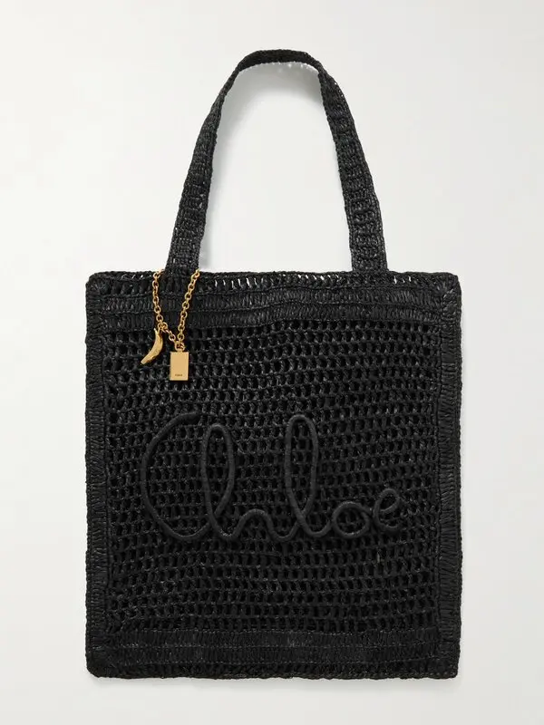 Chloé Summer Banana Embellished Crocheted Faux Raffia Tote - Black