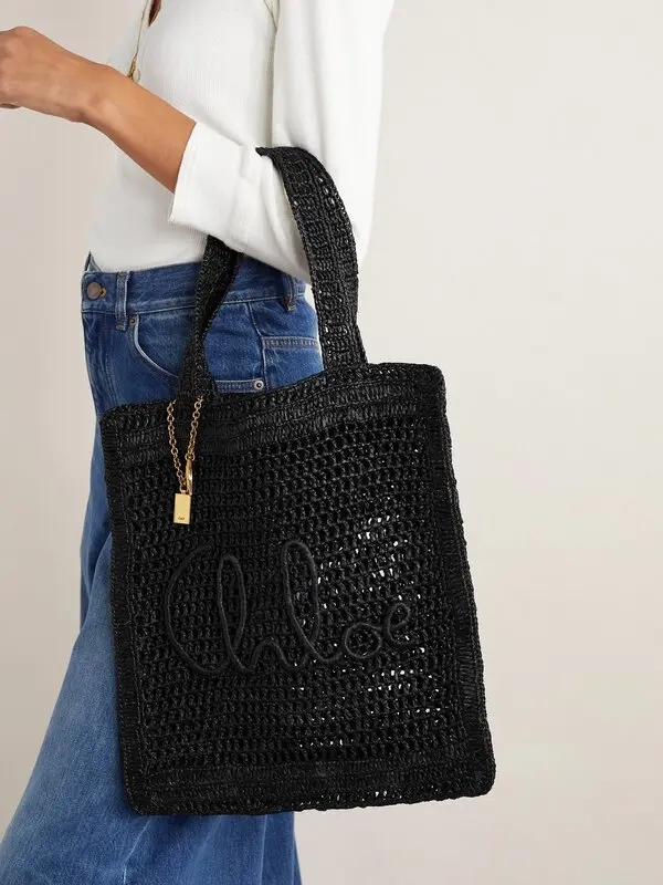 Chloé Summer Banana Embellished Crocheted Faux Raffia Tote - Black