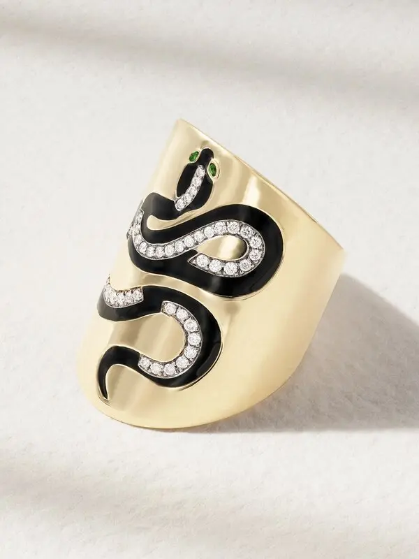 DIANE KORDAS Snake Diamond, Tsavorite And Enamel Ring - Gold