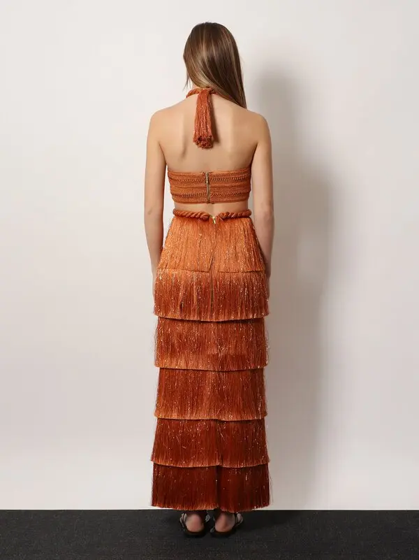 green emerald velvet dress Sleeveless Embroidered Fringe Gown main image 1