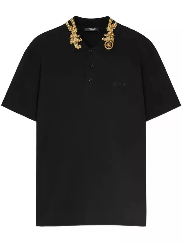 Versace Barocco Leaf Embroidered Polo Shirt - Black