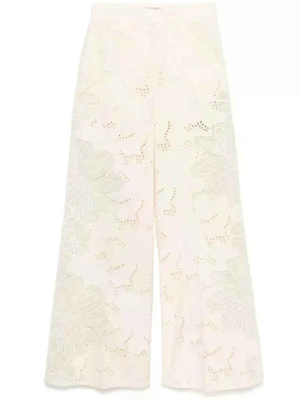 Elie Saab Embroidered Cotton Palazzo Pants - Neutrals