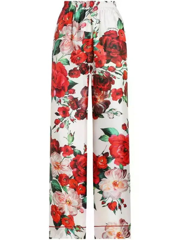 Dolce & Gabbana Floral Print Silk Trousers - White
