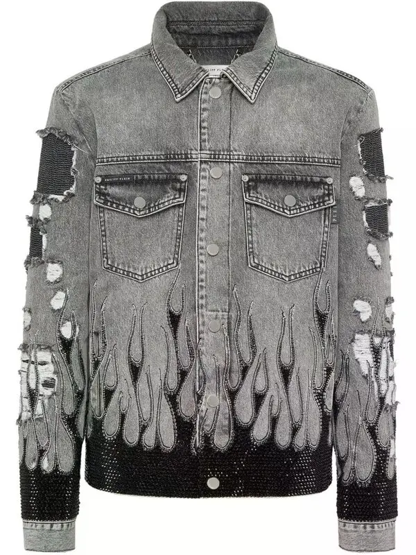 Philipp Plein Strass Flame Oversized Denim Jacket - Grey
