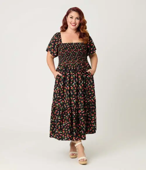 Unique Vintage Smocked Bodice Midi Dress - Black W/strawberry Print