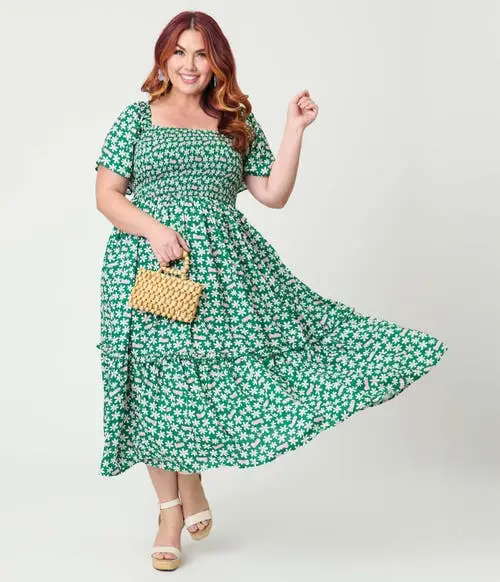 Unique Vintage Smocked Bodice Midi Dress - Green Ditsy Floral