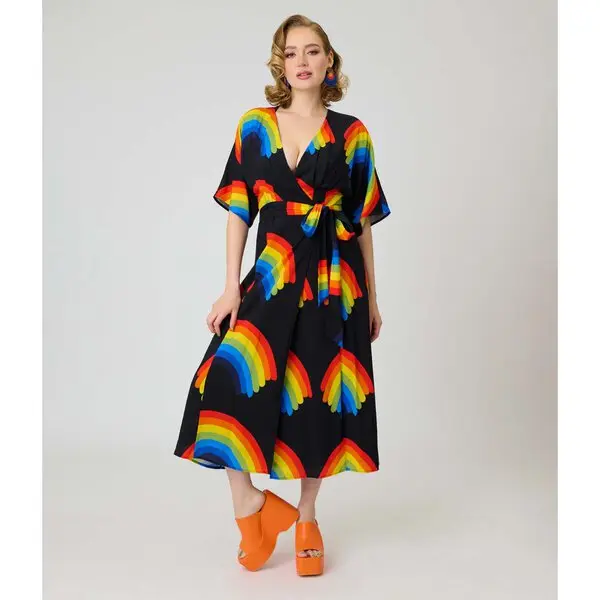 Unique Vintage Tie Wrap Surplice Midi Dress - Black W/rainbow Print