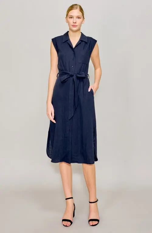 Melloday Roll Sleeve Linen Blend Midi Shirt Dress In Navy - 50% Off |  Editorialist