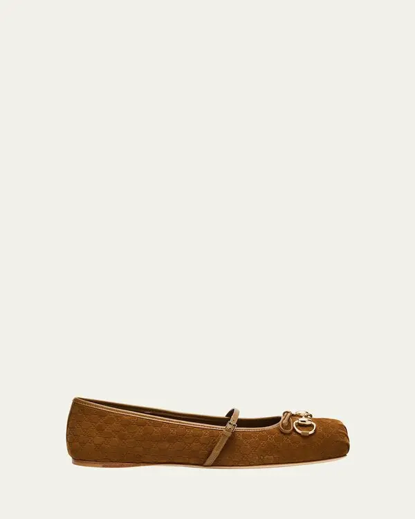 Gucci Gg Suede Horsebit Mary Jane Ballerina Flats - Light Brown