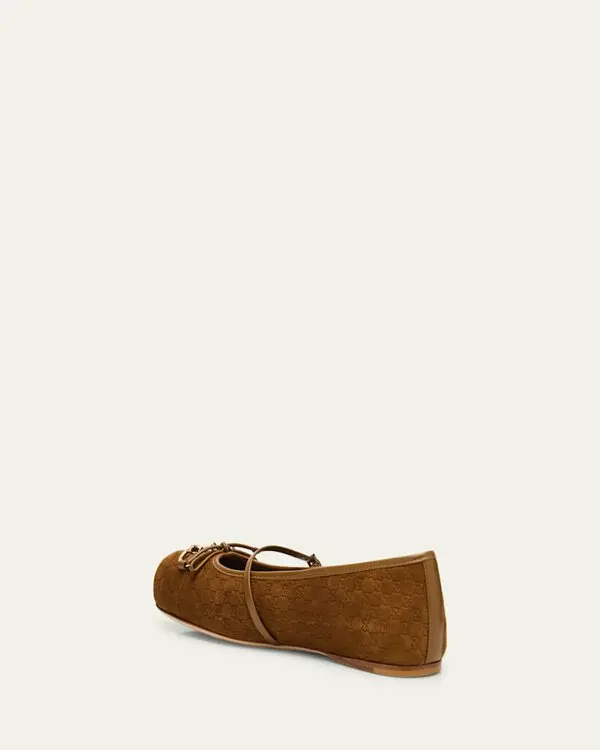 Gucci Gg Suede Horsebit Mary Jane Ballerina Flats - Light Brown