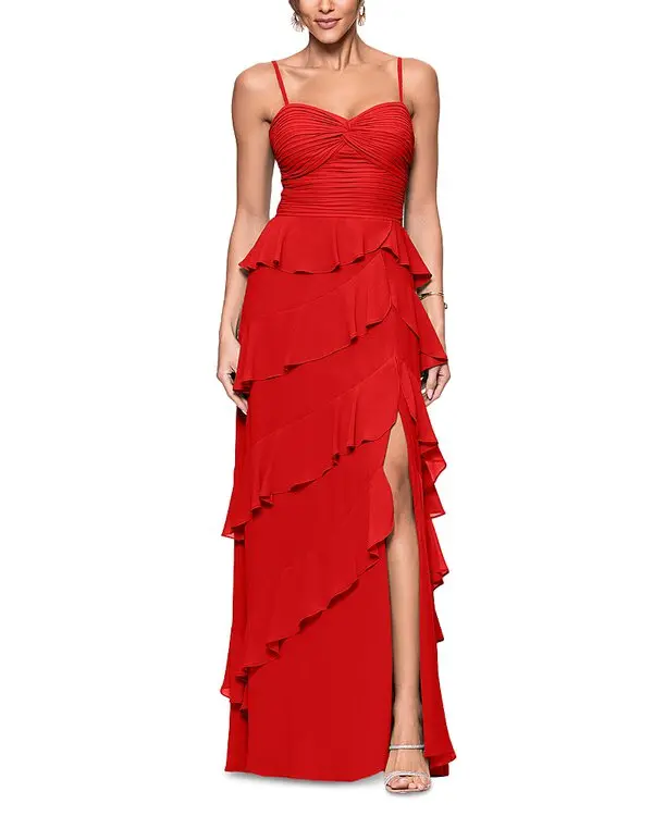 Aqua Chiffon Tiered Ruffled Dress - Red