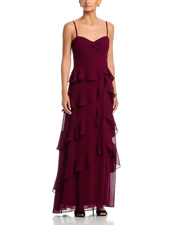 Aqua Chiffon Tiered Ruffled Dress - Wine